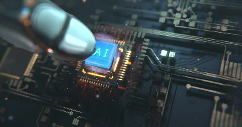 Robot assembling AI to CPU on circuitboa... | Stock Video | Pond5