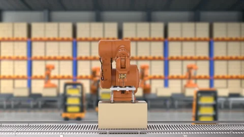 Robot assembly line with cardboard boxes... | Stock Video | Pond5