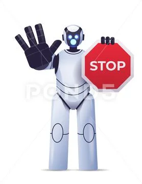Robot cyborg holding red stop sign robotic character showing no entry ...