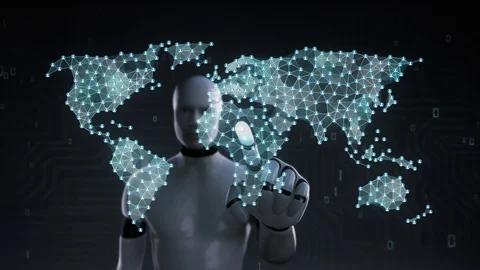 Robot, cyborg touching Social people ico... | Stock Video | Pond5