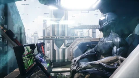 Robot driver in futuristic space ship. F... | Stock Video | Pond5