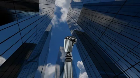 Robot hand rotating on bellow tall build... | Stock Video | Pond5