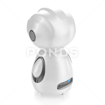 Robot home helper. Smart little robot, on wheels and smart screen. 3d ...