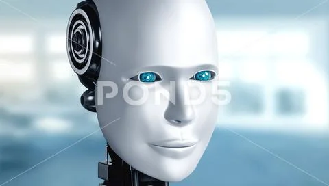 Robot humanoid face and eyes close up view 3D rendering: Royalty Free ...