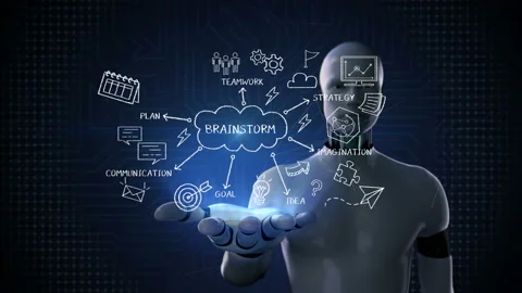 Robot opens palm, Brainstorming concept ... | Stock Video | Pond5