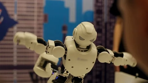 The robot stands on one leg. Modern robo... | Stock Video | Pond5