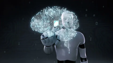 Robot touch brain connected CPU chip, 4K... | Stock Video | Pond5