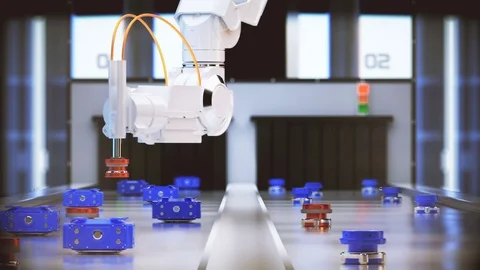 robotic arm conveyor selection. 4k 3d an... | Stock Video | Pond5