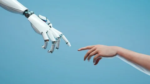 Robotic arm touching human hand. Unity o... | Stock Video | Pond5