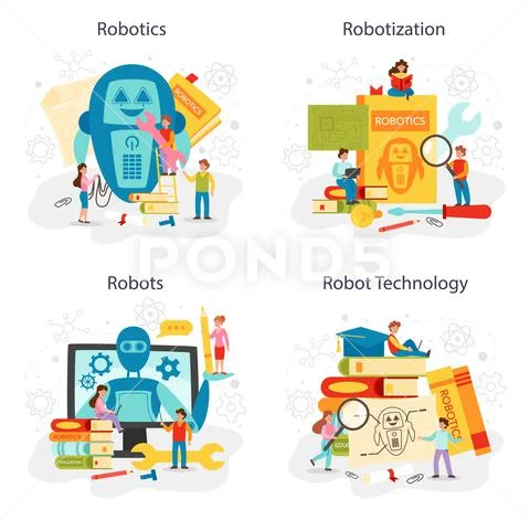 Robotics school subject concept set. Robot engineering and programming ...