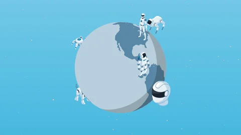 Robots around turning globe 8K animation | Stock Video | Pond5