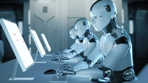 Robots Typing in a Futuristic Office A G... | Stock Video | Pond5