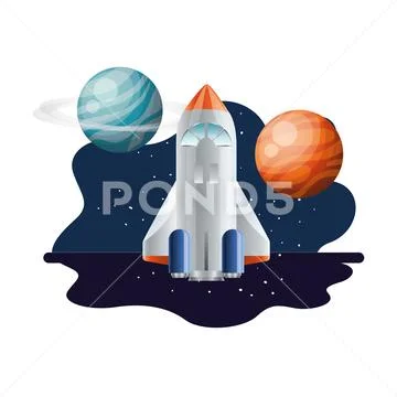 Rocket flying with planets of the solar system background: Graphic ...