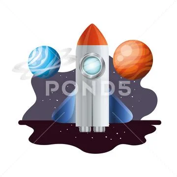 Rocket flying with planets of the solar system background Illustration ...