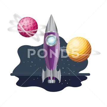 Rocket flying with planets of the solar system background: Graphic ...
