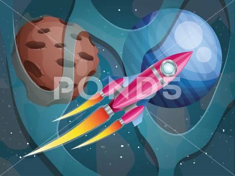 Rocket flying with planets of the solar system background Illustration ...