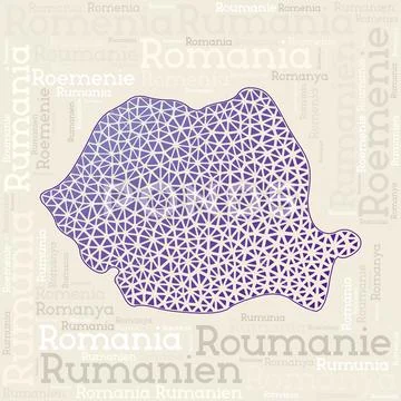 ROMANIA map design. Country names in different languages and map shape ...