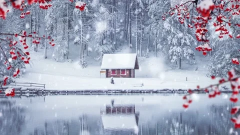 Romantic rustic cabin in the snow Christ... | Stock Video | Pond5