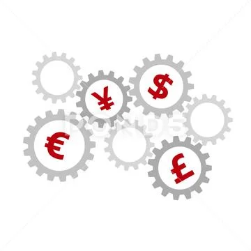 Rotating gears with currency symbols inside Illustration #75322208