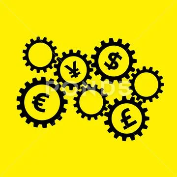 Rotating gears with currency symbols inside on yellow background ~ Clip ...