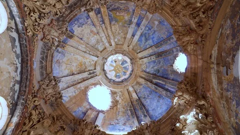 Rotating view of ceiling ruins of a dest... | Stock Video | Pond5