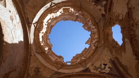 Rotating view of ceiling ruins of a dest... | Stock Video | Pond5