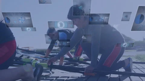 Rowing crew kneeling adjusting shell rig... | Stock Video | Pond5