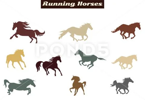 Running Horses Icon Set In Different Colors: Graphic #190464809