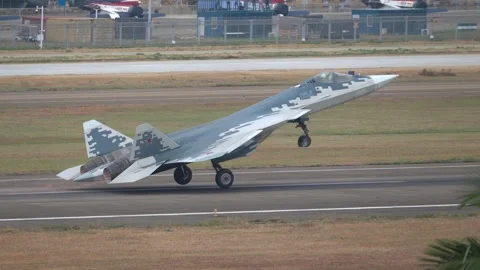 Russian Sukhoi Su-57 fighter at Airshow... | Stock Video | Pond5