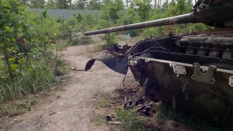 Russian tanks destroyed on forest edge, ... | Stock Video | Pond5