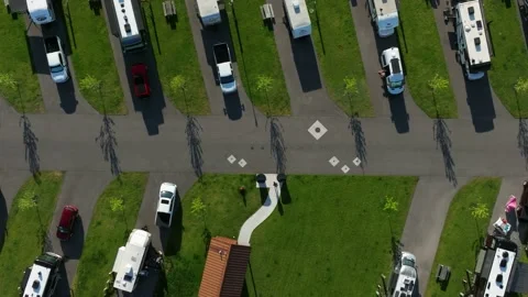 RV park aerial top down pan across mobil... | Stock Video | Pond5