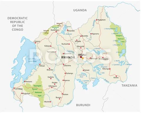 Rwanda road and national park vector map: Graphic #103272005