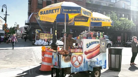 Sabrett vendor hot dog pretzel stand in ... | Stock Video | Pond5