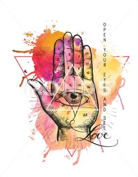 Sacred geometry, hand, and all seeing eye symbol inside triangle ...