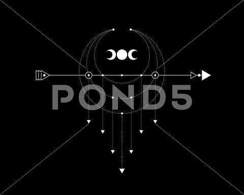 Sacred Geometry, mystical arrow and crescent moon, dotted lines in boho ...