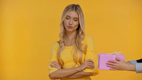 sad woman rejecting gift and toy isolate... | Stock Video | Pond5