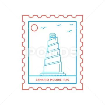 SAMARRA MOSQUE IRAQ postage stamp Blue and red Line Style, vector ...