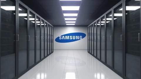 Samsung logo on the wall of the server r... | Stock Video | Pond5