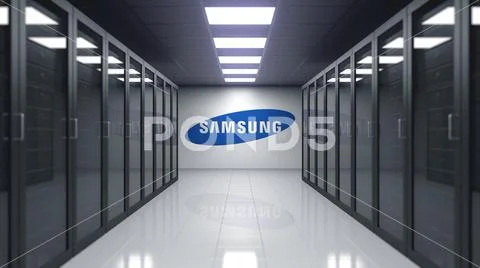 Samsung logo on the wall of the server room. Editorial 3D rendering ...