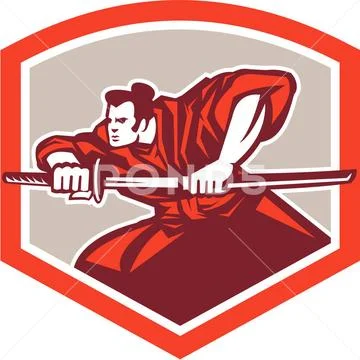 Samurai Warrior Drawing Katana Sword Shield Illustration of a Samurai ...