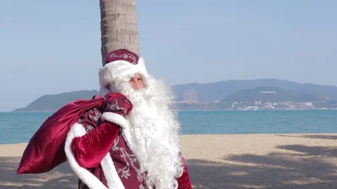Santa Claus in the palm trees walks on t... | Stock Video | Pond5