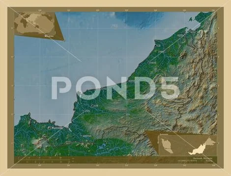 Sarawak, Malaysia. Physical. Labelled points of cities Illustration #220186240