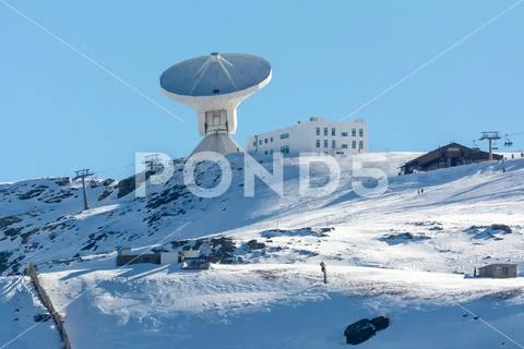 Satellite dish radar antenna station in field. parabolic antennas. Big ...