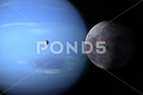 Satellites Proteus and Triton orbiting around Neptune planet. 3d render ...