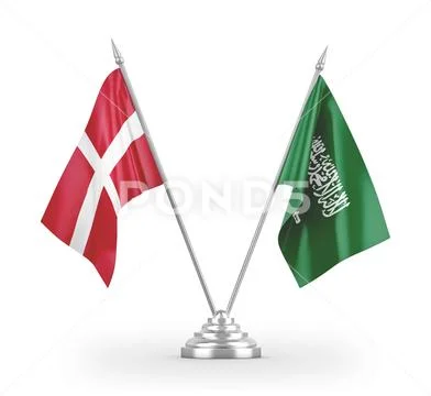 Saudi Arabia and Denmark table flags isolated on white 3D rendering ...