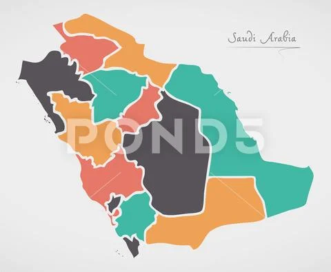 Saudi Arabia Map with states and modern round shapes Illustration #76975560