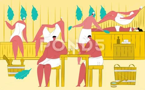 Sauna vector illustration. Hot heat steam for man woman people in towel ...