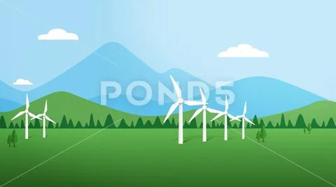Save the planet. cycle animation of a clean green energy wind turbines ...