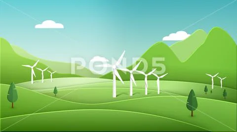 Save the planet. cycle animation of a clean green energy wind turbines ...