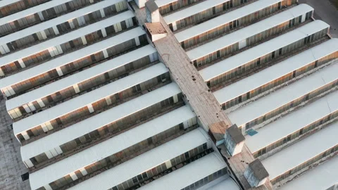 Saw-tooth roof of a factory. Glass panel... | Stock Video | Pond5